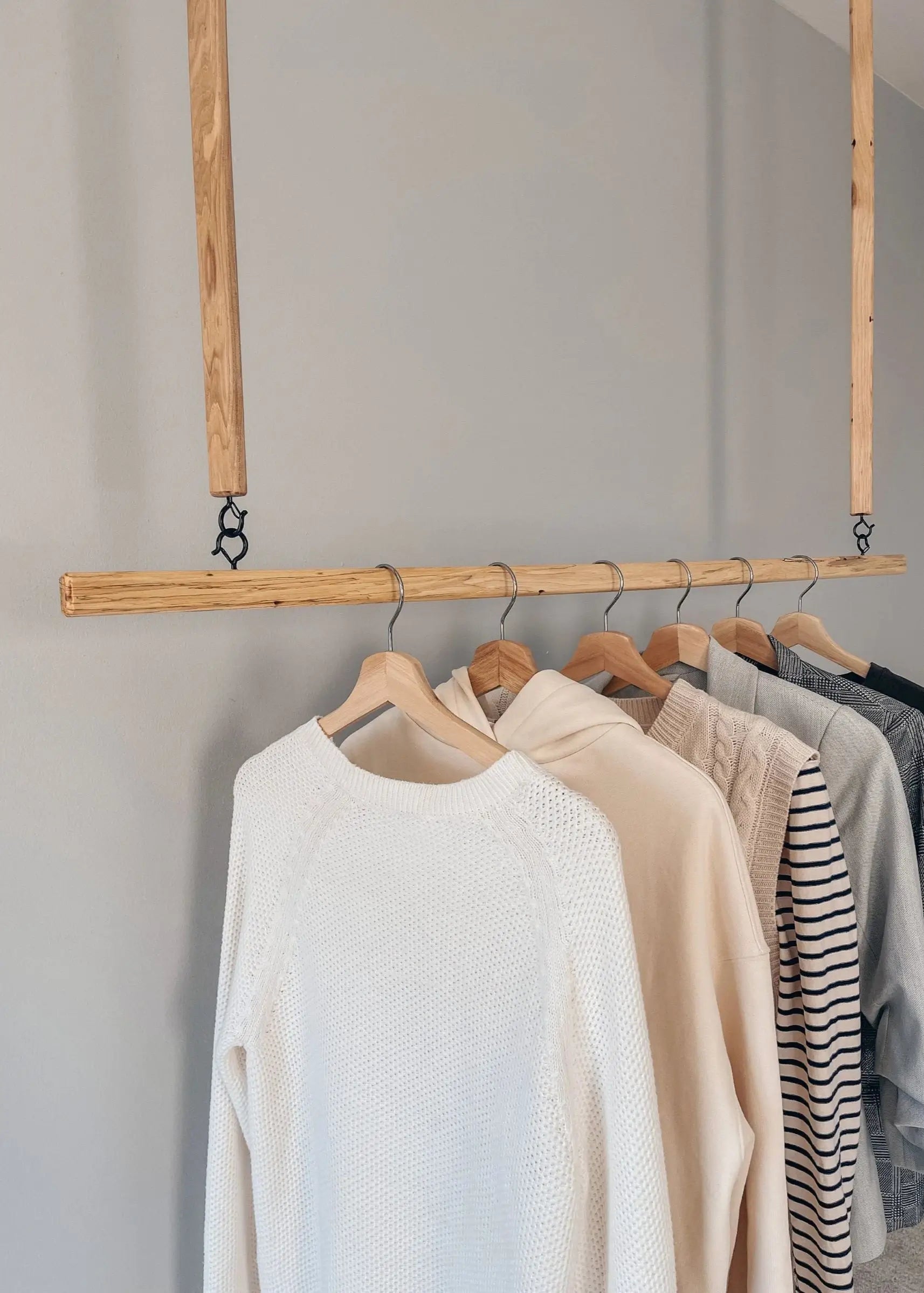 Ceiling Mounted Clothes Rack – Oak Hanging Organizer for Closet